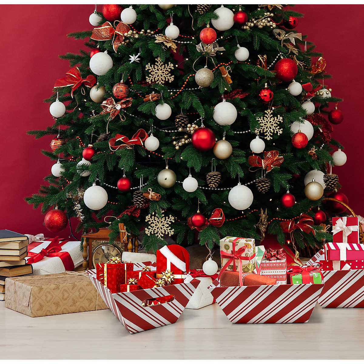 Gift Boutique 6 Pack Christmas Candy Cane Striped Gift Baskets 8" x 10" Rectangle Red & White Stripes Empty Gift Basket with Handles Cardboard Market Tray for Holiday Decorative Present Wrapping