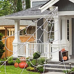Outdoor Solar Powered Halloween Decorations Spider Web Lights, 14.8 x 16.4 FT Triangular White Spider Web with 135 LED Green Lights, Large Size Solar Halloween Decor