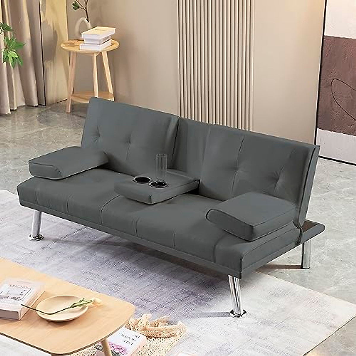 Anwick Modern Leather Futon Sofa Bed,Convertible Folding Couch Recliner Sleeper Loveseat for Small Space,Apartment,Office,Dorm,with Cup Holders and Removable Armrest (Gray-New)