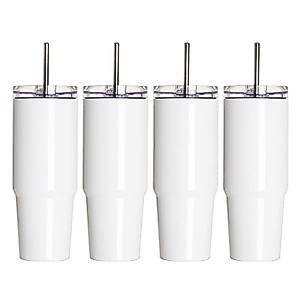 PYD Life Sublimation Tumblers Blanks Stainless Steel 30 OZ White Insulated Reusable Travel Coffee Mugs Cups with Leakproof Lid and Stainless Straw for Tumbler Heat Press 4 Pack