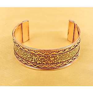 Touchstone handcrafted copper bracelet. Hand forged with solid and high gauge Tibetan style engraved cuff pure copper jewelry for women men. Beautiful embossed design.