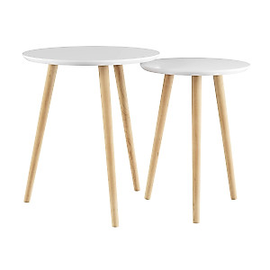 Nesting Side Tables - Set of 2 Round End Tables for Living Room, Bedroom, or Home Office - Accent Table Set - Mid-Century Modern Living Room Furniture by Lavish Home (White/Natural)