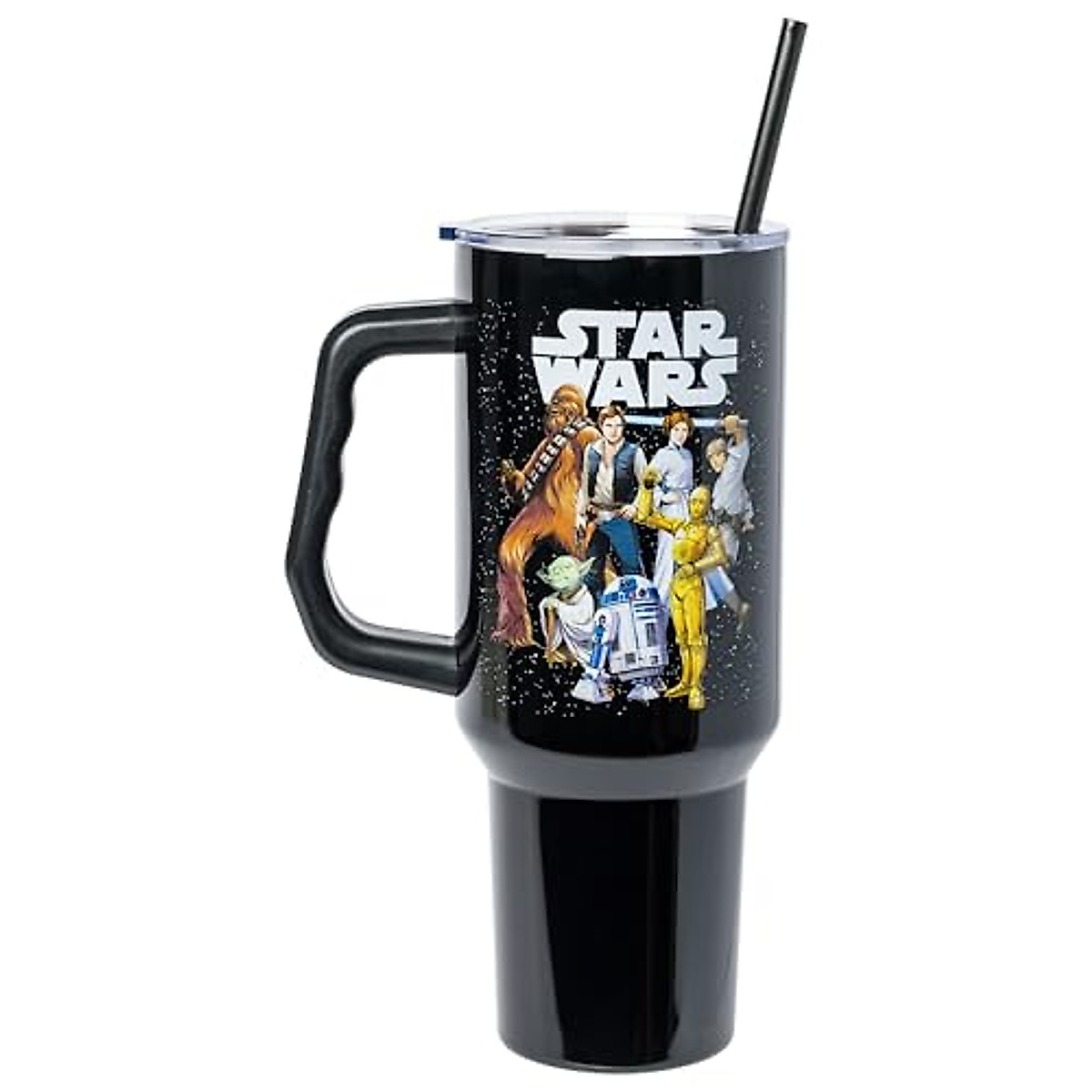 Silver Buffalo Star Wars Featuring Chewbacca, Yoda, R2-D2, C-3PO, Princess Leia, Han Solo, and Luke Skywalker Stainless Steel Tumbler with Handle and Straw, Fits in Standard Cup Holder, 40 Ounces
