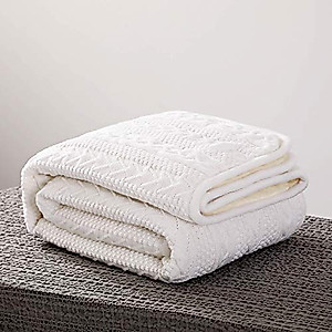 Longhui bedding Acrylic Cable Knit Sherpa Throw Blanket – Thick, Soft, Big, Cozy Ivory White Knitted Fleece Blankets for Couch, Sofa, Bed – Large 50 x 63 Inches Ivory White Coverlet All Season