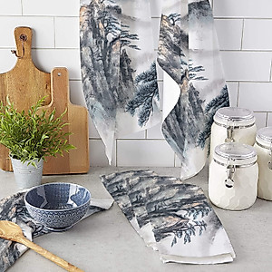 3 PCS Kitchen Towels with Hanging Loop Super Absorbent Soft Dish Towels Chinese Painting Print Tea Hand Towels Drying Cleaning Asian Mountain Range Landscape Nature Trees Sketchy Illustration,