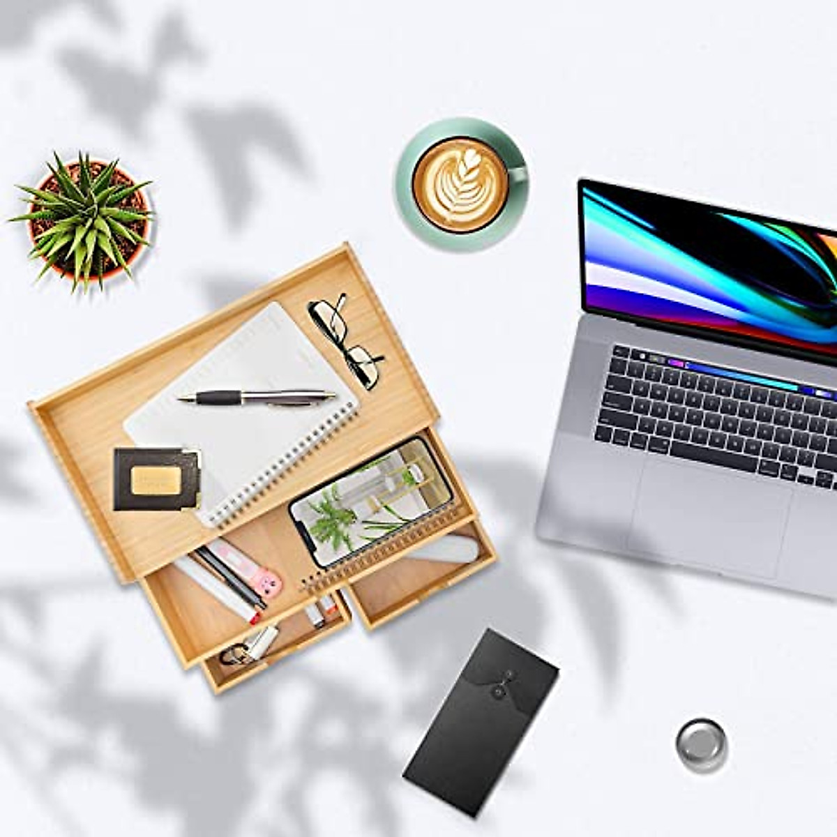 Wisuce 100% Original Bamboo Desk Organizer, Mini Bamboo Desk Drawer Tabletop Storage Organization Box for Office Home Toiletries Supplies Vanity, No Assembly Required (3 Drawer with Shelf)