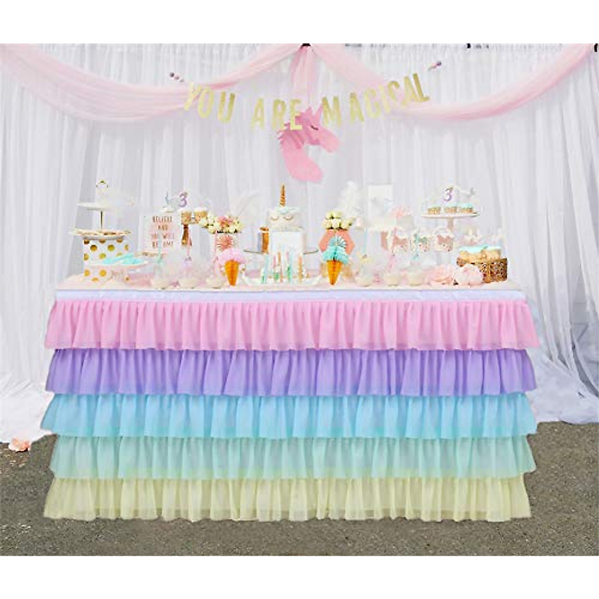 GewoneLife Rainbow Tulle Table Skirt 6FT Tutu Table Clothing for Baby Shower Birthday Party Decoration,Unicorn Table Skirt for Rectangle and Round Tables(L72in,H30in)