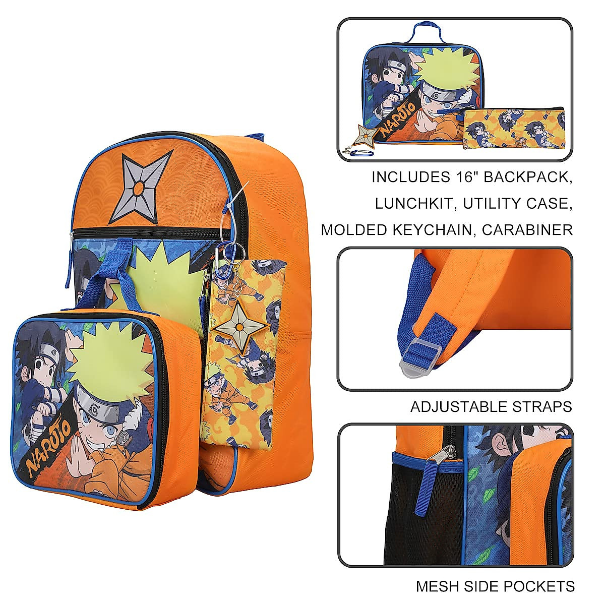 Bioworld Naruto Classic Sasuke Vs Naruto 16" Youth 5-Piece Backpack Set