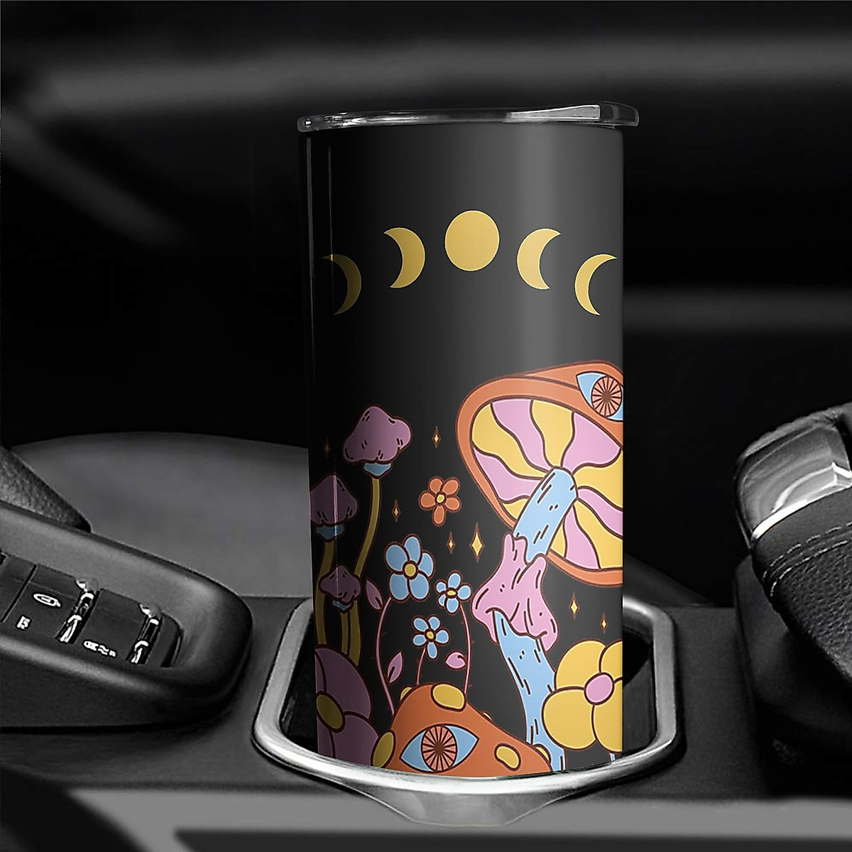 thmasamwr Mushroom Skinny Tumbler With Straw and Lid, Stainless Steel 20oz Coffee Travel Mug, Cute Moon and Mushroom Cups for Mushroom Lovers Gifts for Women and Girls