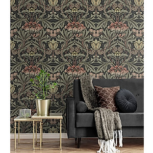 NextWall Acanthus Floral Peel and Stick Wallpaper (Charcoal & Rosewood)