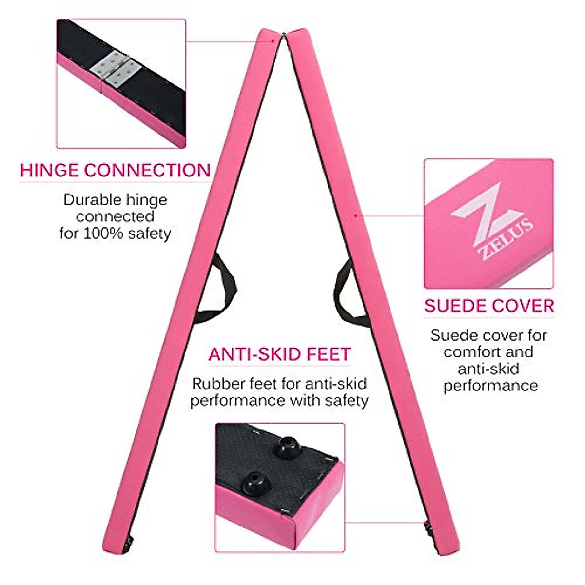 ZELUS 8' Folding Gymnastics Balance Beam, Floor Balance Beam w/Carry Handles Anti-Slip Base, Beginners & Professional Gymnasts (8 ft, Pink)