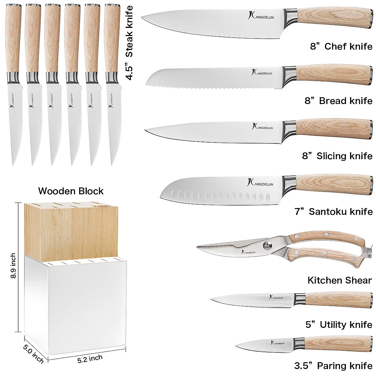 Kangdelun 14 PCS White Block Knife Set, Ultra Sharp High Carbon Stainless Steel, Wood Handle