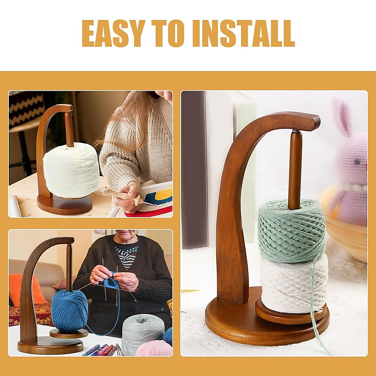 TOPPERFUN Wooden Yarn Spool Tool Wood Thread Rack Thread Spool Organizing Rack Yarn Holder for Crocheting Rotating Wooden Spool Stand Sewing Thread Stand Magnet Taper Thread To Weave, Light Brown