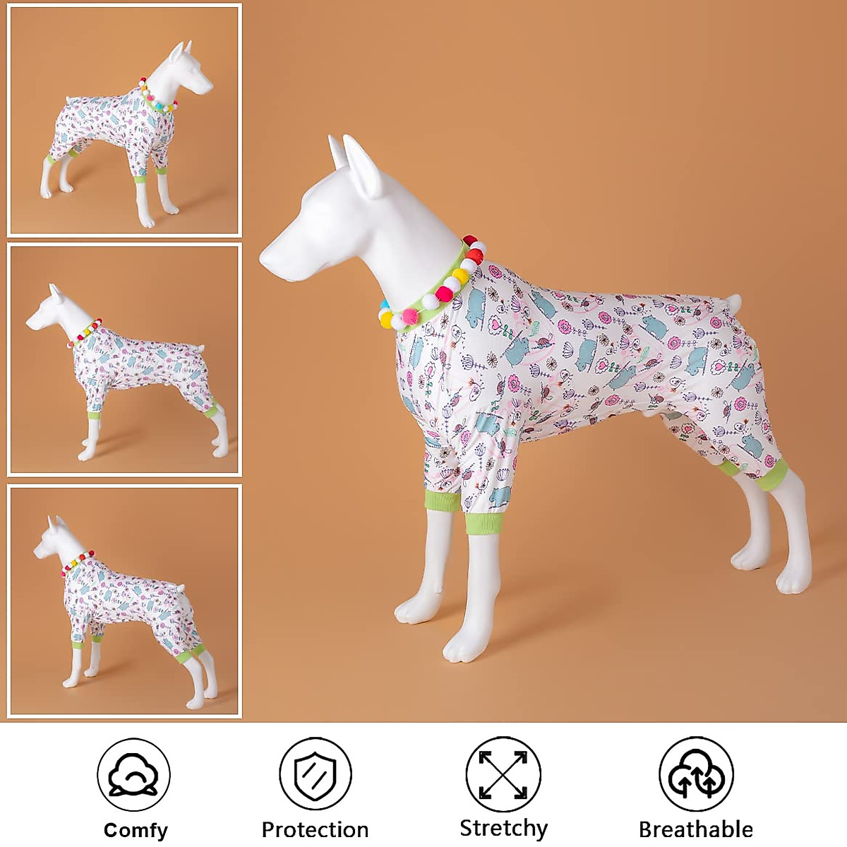 LovinPet Dog Jammies Large Dogs, UV & Post Operative Protection, 4 Legged High Collar Dog Onesies,Lightweight Stretchable Hippo, Bird, Tortoise Prints Large Dog Pajamas as Base Shirt for Dog Dresses L