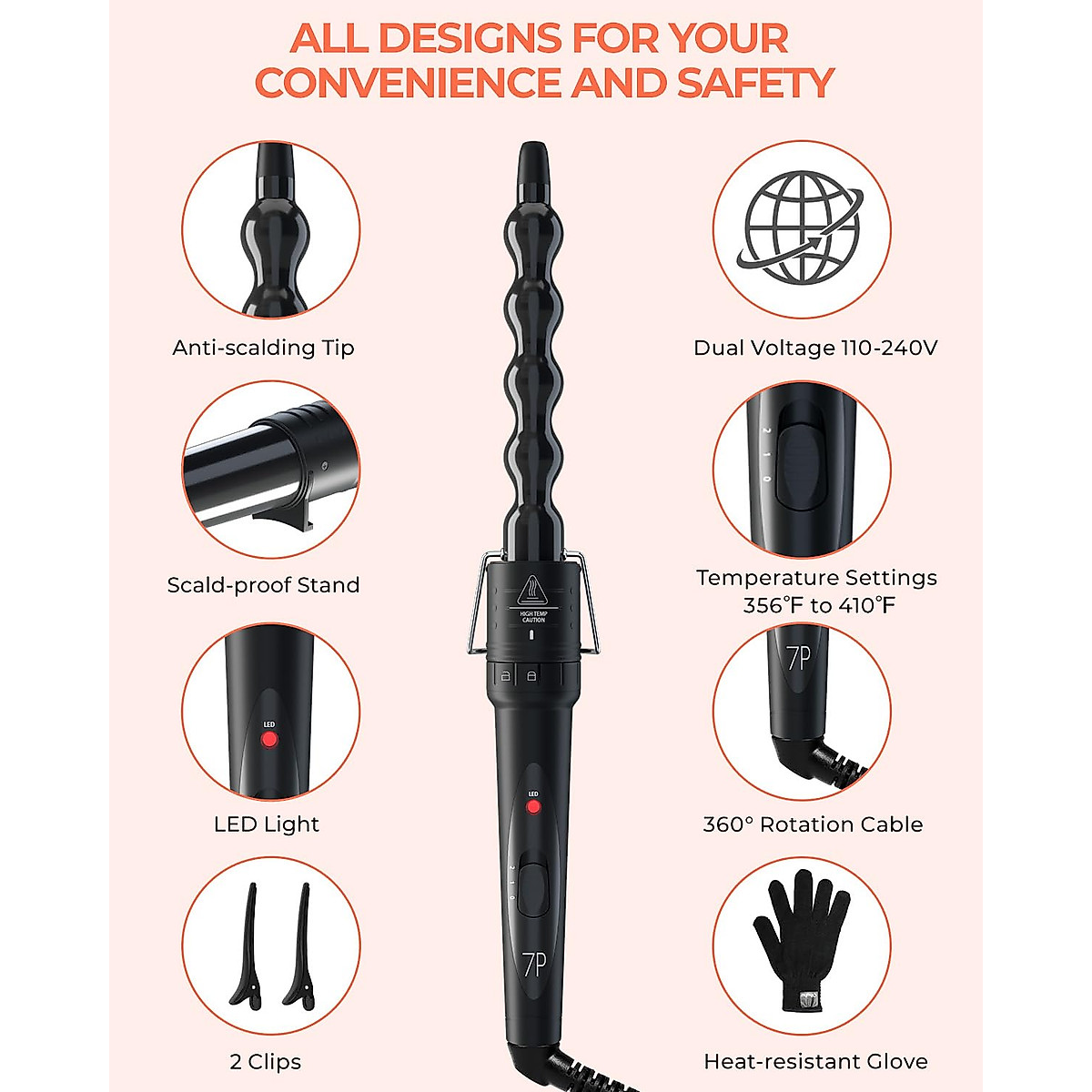 7 in 1 Curling Wand Set: Ohuhu Curling Iron Wand 7Pcs 0.35 to 1.25 Inch Interchangeable Ceramic Barrel Heat Protective Glove 2 Clips Dual Voltage Hair Curler for Girls Women Black