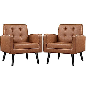 Yaheetech Mid-Century Accent Chairs, PU Leather Modern Upholstered Living Room Chair, Cozy Armchair Button Tufted Back and Wood Legs for Bedroom/Office/Cafe, Retro Brown 2 PCS