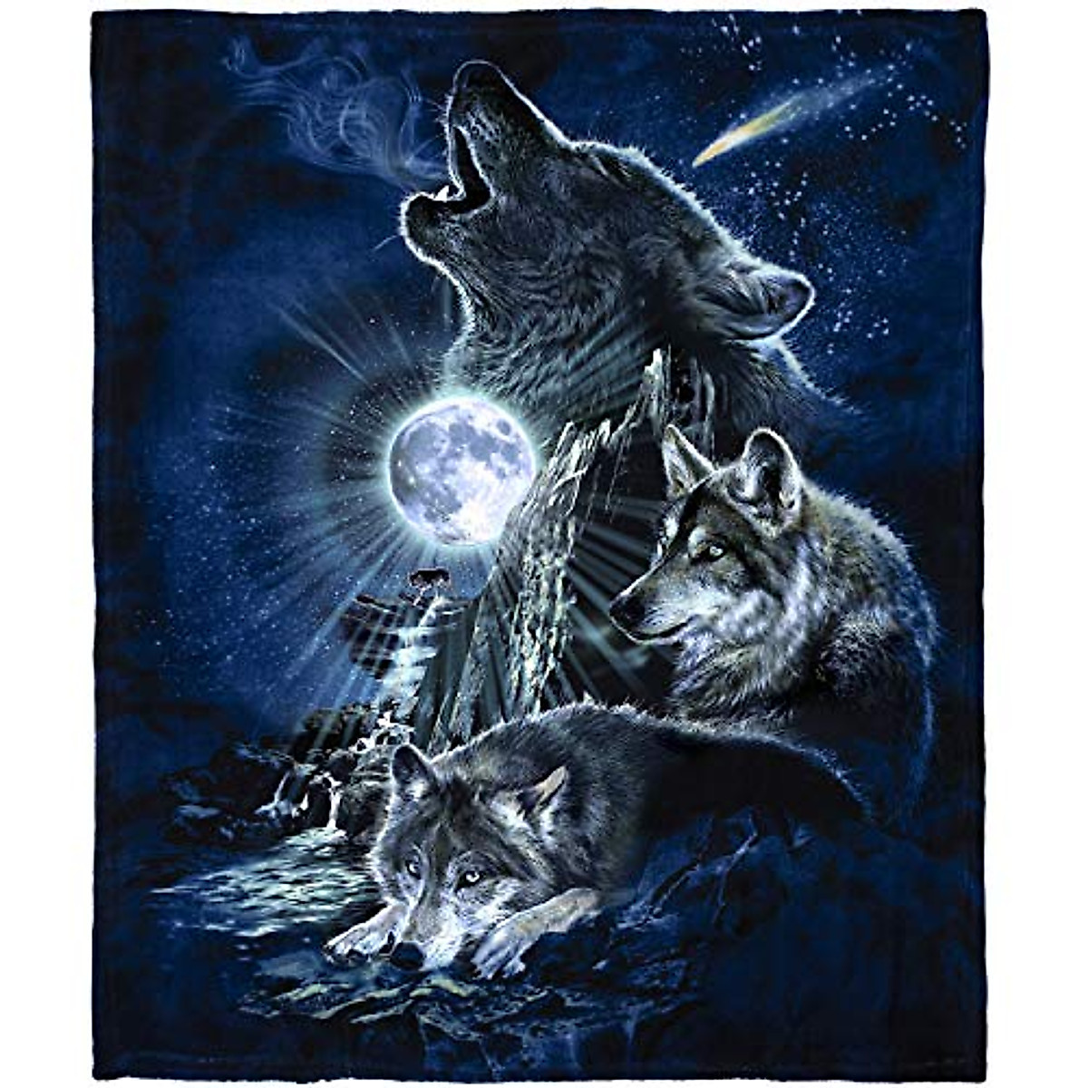 Dawhud Direct Howling Moon Wolf Fleece Blanket for Bed, 50" x 60" Moon Fleece Throw Blanket for Women, Men and Kids - Super Soft Plush Wolf Blanket Throw Native American Decor Blanket