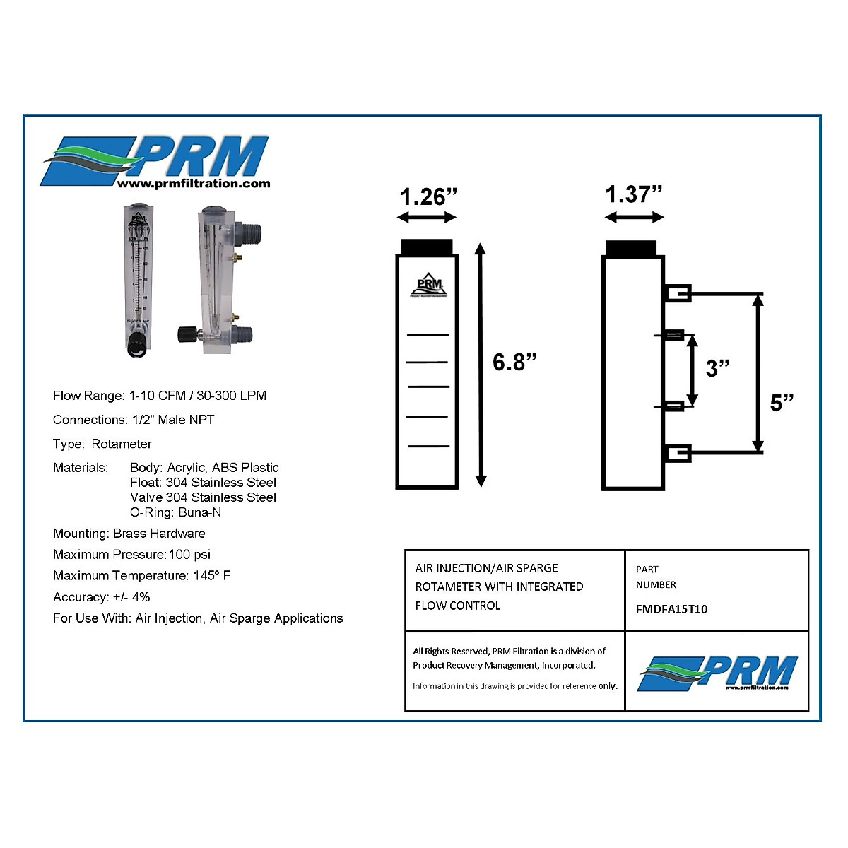PRM AIR Injection/AIR SPARGE ROTAMETER with Integrated Flow Valve; 1-10 CFM / 30-300 LPM