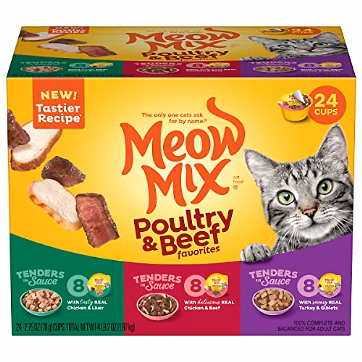 Meow Mix Tender Favorites Wet Cat Food, Poultry & Beef Variety Pack, 2.75 Ounce Cup (Pack of 24) (Packaging May Vary)