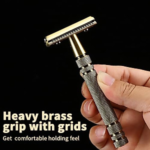 Double Edge Safety Razor Long Handle - Brass Bronze Blade Replaceable Razors,For Men Shaving Classic Razor,Reusable Metal Manual Shavers Close Comb