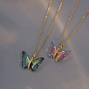 HOLINSE Butterfly Necklace for Women - Fairy Cubic Zirconia Butterfly Pendant Necklaces Titanium Steel (Gold Pink)