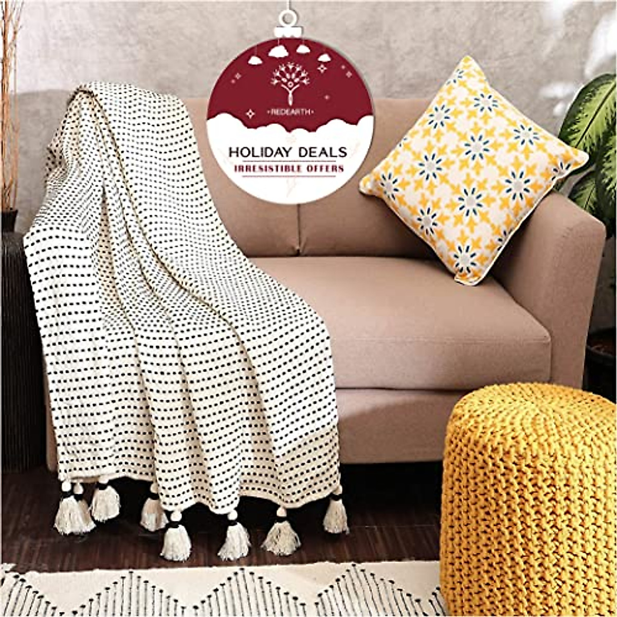 REDEARTH Classic Throw Blanket -with Oversized Decorative Tassels Medium Weight Soft Lap Blanket for Sofa Bed Couch Chairs loveseats car, Living, Indoor/Outdoor use 100% Cotton (50x60; Black)