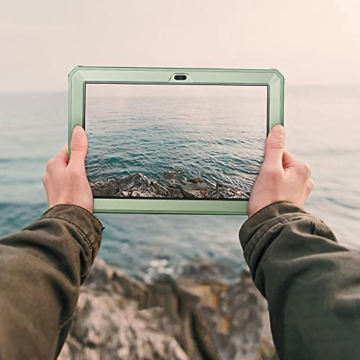 Fintie Case for Amazon Fire HD 10 & Fire HD 10 Plus (11th Generation, 2021 Release) - [Tuatara Rotating] Multi-Functional Grip Carry Stand Cover w/Built-in Screen Protector, Sage Green