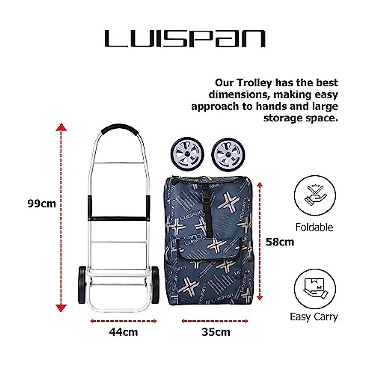 LUISPAN Folding Shopping Cart with Wheels,Products Stair Climber,Used as a Shopping, Grocery, Laundry and Stair Climber Cart,Hold Up to 90 Pounds, Standard, Dark Blue