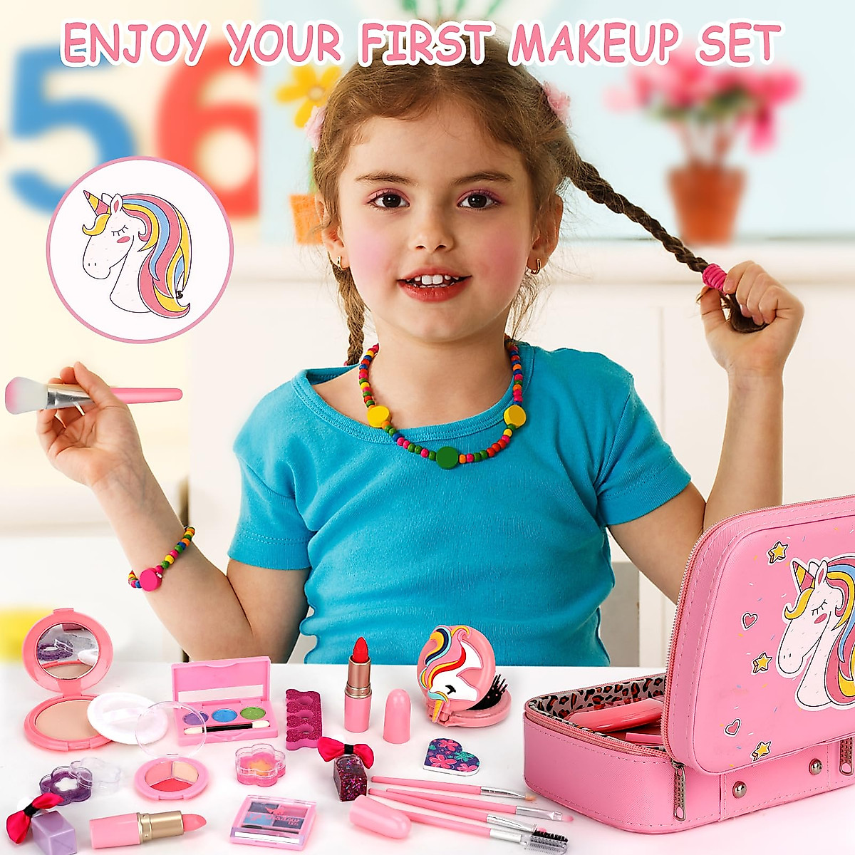 Flybay Kids Makeup Kit for Girl, Washable Makeup Set Girls Toys, Real Girls Makeup Kit for Kids, Children Toddler Princess Play Make Up Set Christmas Birthday Gifts for Girls Age 3-12 Year Old