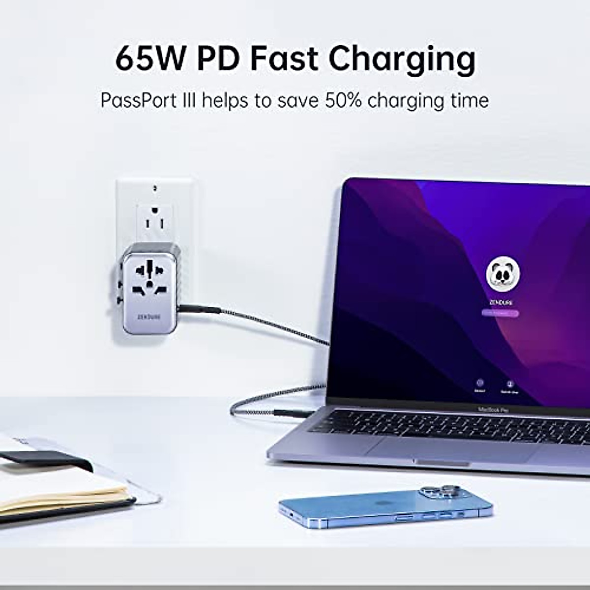 Zendure Universal Travel Adapter 65W PD Fast Charger 4 USB-C,1 USB-A, International Wall Charger AC Plug Adaptor All in One Worldwide Power Charger Compatible with Laptops iPad iPhone AirPods
