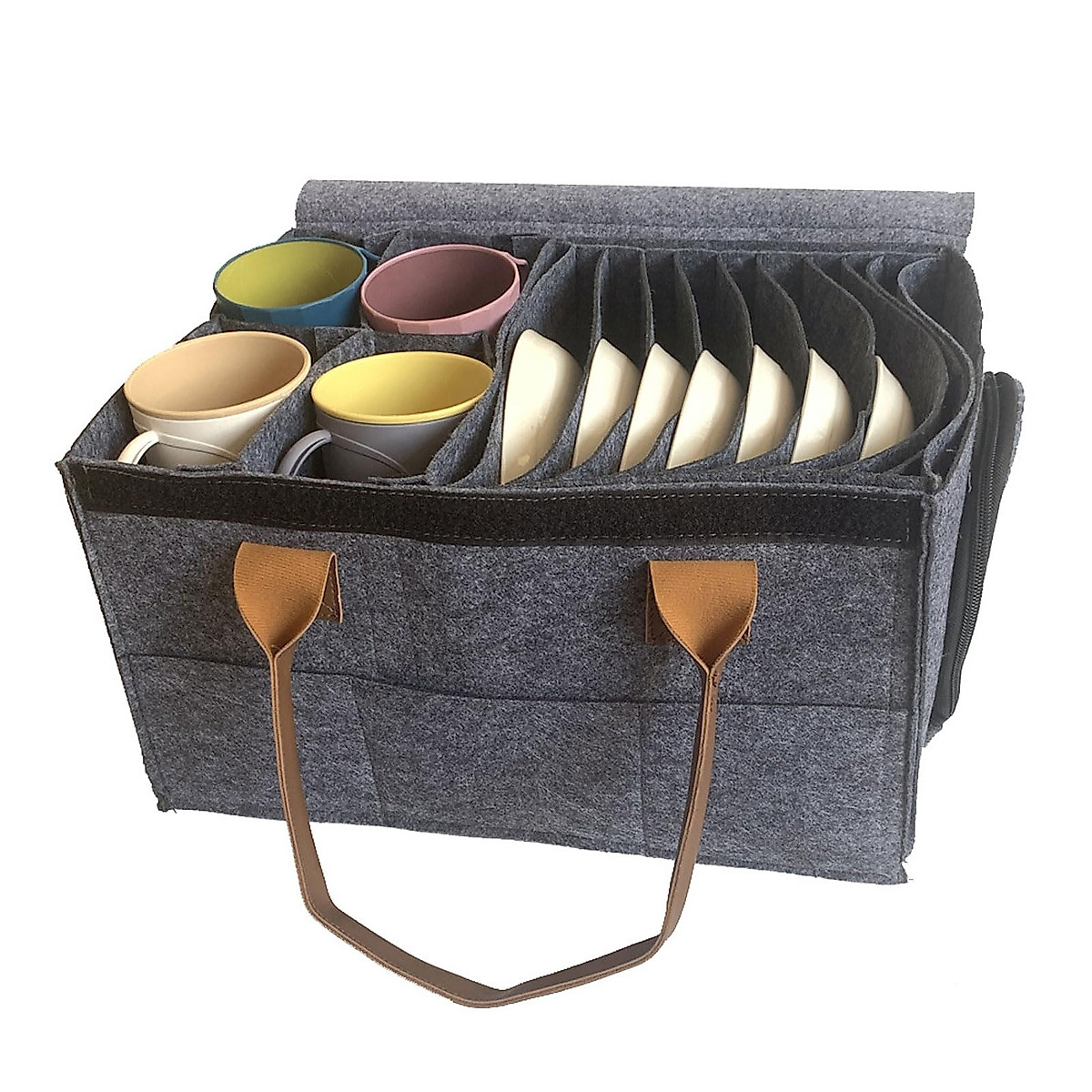 BigKing China Storage Containers With Lid and Handles,14.17 * 10.82 * 7.87inch Felt Plate Holder, Dinnerware Storage Containers with Pockets Detachable Dividers for Motorhome Closet Camping Caravan