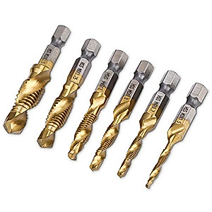 YDLQWCZ Combination Drill Tap Bit Set 6 Piece Hex Shank Quick Change HSS Titanium Coated Spiral Tap Drill Bit Include M3 M4 M5 M6 M8 M10 Spiral Screw Tap Set