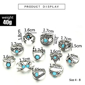 Asphire 11Pcs Bohemian Stacking Knuckle Rings Set Turquoise Midi Ring Punk Silver Animals Finger Rings for Women