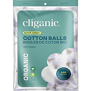 Cliganic Organic Super Jumbo Cotton Balls (200 Count) - Hypoallergenic, Absorbent, Large Size, 100% Pure (Packaging May Vary)
