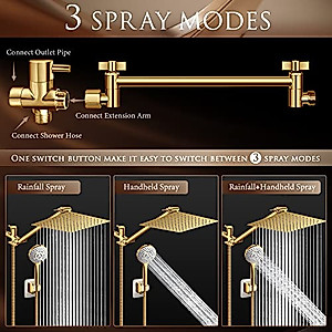 High Pressure Rainfall Shower Head/Handheld Shower Combo with 11" Adjustable Extension Arm, 5 Spray Settings Shower Heads with 60" Hose Anti-leak (Gold), 10"