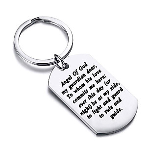 BEKECH Guardian Angel Keychain Angel of God My Guardian Dear Prayer Dog Tag Pendant Keychain Guardian Angel Protect Traveller Gift Religious Baptism Gift (silver)