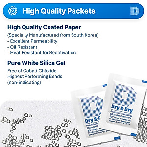 Dry & Dry 5 Gram [50 Packets] Premium Pure and Safe Silica Gel Packets Desiccant Dehumidifiers, Silica Gel Packs - Rechargeable (Food Safe) Moisture Absorbers, Desiccant Packets