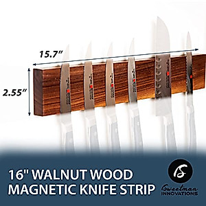 Durable Magnetic Knife Holder For Wall- 16 Inch Genuine Walnut Wood Knife Magnetic Strip With Ultra Strong Magnetic Block For Secure Storage- Kitchen Wall Knife Bar Organizer Rack- Easy Installation