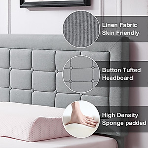 VECELO Twin Size Bed Frame with Adjustable Headboard, Upholstered Button Tufted Platform Bedframe with Wood Slats Support, No Box Spring Needed, Moon Grey