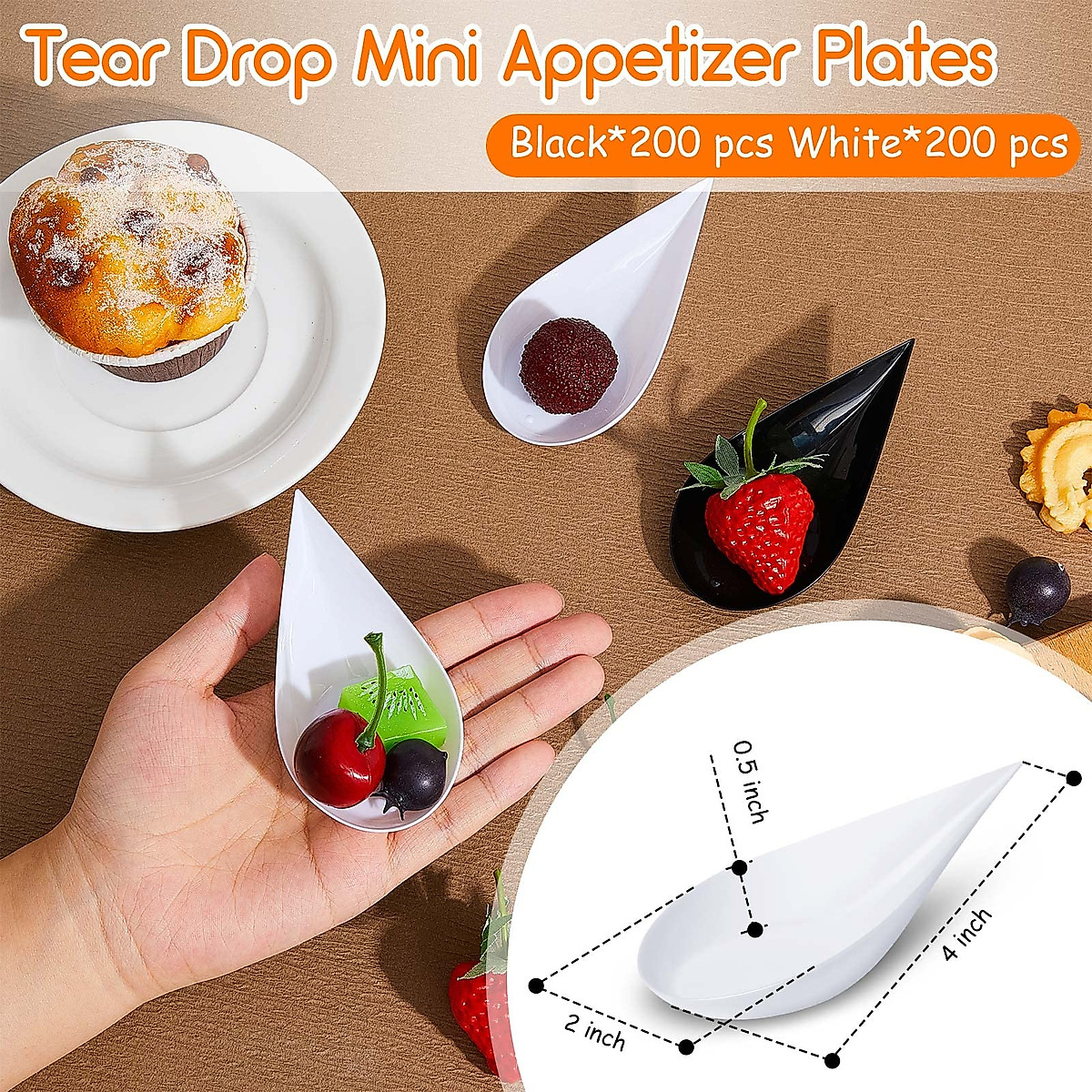 400 Pcs 4'' Tear Drop Mini Appetizer Plates Appetizer Spoons Plastic Tasting Spoons Reusable Disposable Serving Spoons Dessert Spoons Plastic Spoons Soup Spoons for Serving Dessert Dishes White, Black
