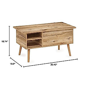 Furinno Jensen Living Room Wooden Leg Lift Top Coffee Table with Hidden Compartment and Side Open Storage Shelf, Flagstaff Oak
