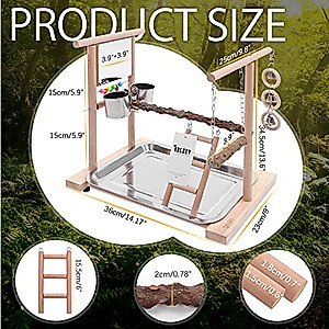 Bird Playground Parrot Play Stand, Bird Play Pen Gym for Parakeets Cockatiels Conures Budgies, Natural Wood Bird Playstand with Perches Feeder Cups Tray Swing Ladder Bells Mirror Toys