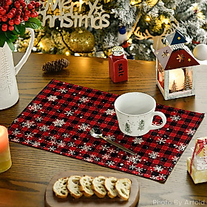 Artoid Mode Red and Black Buffalo Plaid Snowflakes Christmas Placemats Set of 2, 12x18 Inch Winter Table Mats for Party Kitchen Dining Decoration