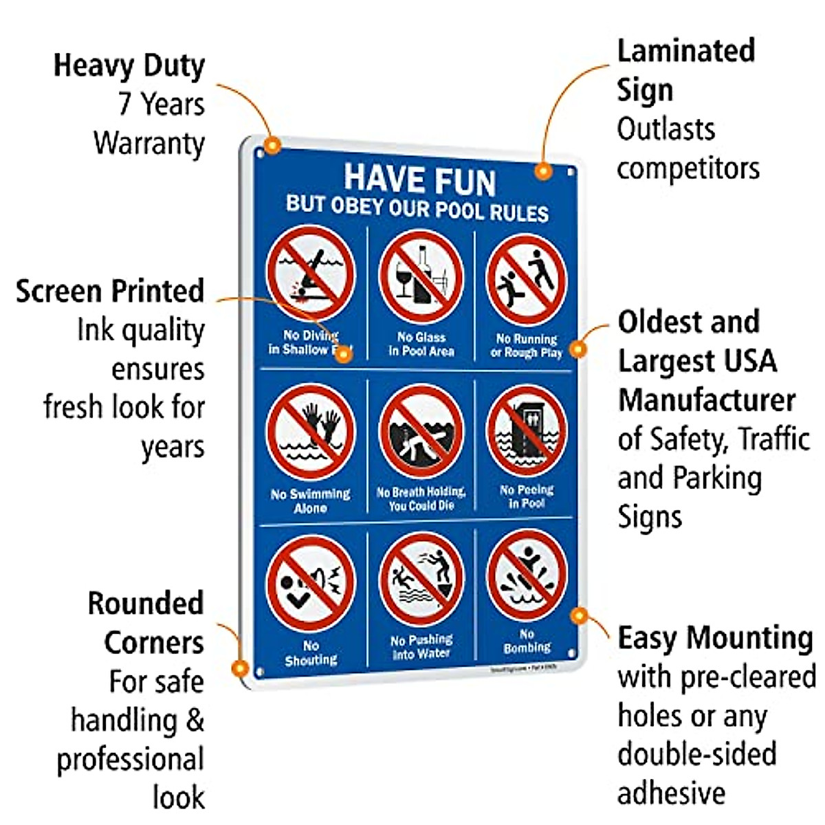 SmartSign 14 x 10 inch “Have Fun But Obey Our Pool Rules” Swimming Pool Metal Sign with Symbols, Screen Printed, 40 mil Laminated Rustproof Aluminum, Multicolor