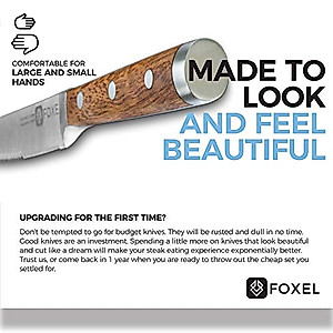 FOXEL Best Serrated Steak Knives Knife Set of 4, 8, or 12 Piece w/Covers - Heavy Duty Restaurant Quality - German Stainless Steel 1.4116 Blade - Natural Sandal Wood Full Tang Handle - Hand Wash Only