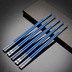 TIICOO Metal Chopsticks Reusable 18/8 Stainless Steel Chopsticks Laser Engraved Premium Titanium Chop Sticks Dishwasher Safe Lightweight Japanese Korean Chopsticks 5 Pairs Gift Set (Blue)