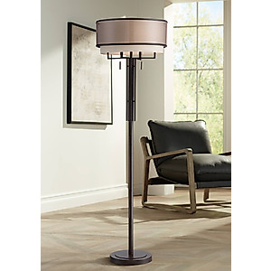 Franklin Iron Works Alamo Industrial Rustic Farmhouse Standing Floor Lamp 62" Tall Bronze Sheer Brown Organza Linen Fabric Double Drum Shades for Living Room Reading Bedroom Office House Home Decor