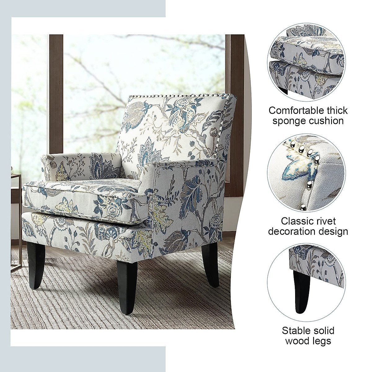 HULALA HOME Modern Accent Chair with Arms and Wooden Legs, Mid Century Accent Chair Armchair High Back Rest, Padded Armrest and Comfortable Cushioned Seat for Living Room (Blue Yellow Floral)