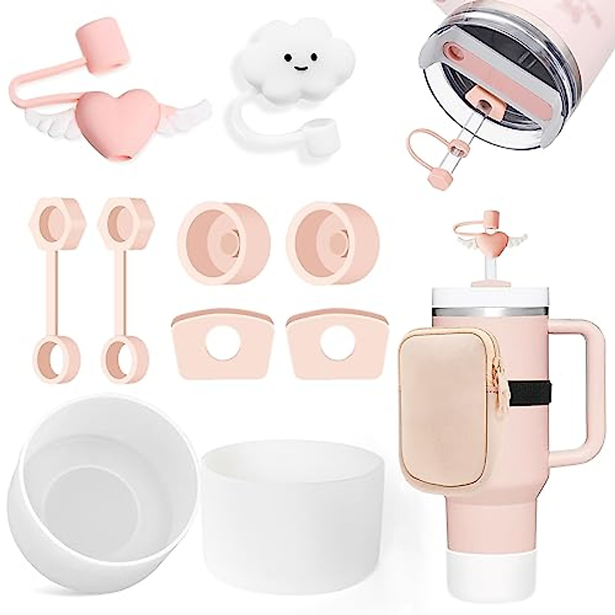 Stanley Cup Accessories Set Includs 1 Pcs Water Bottle Pouch, 6 Pcs Silicone Spill Proof Stopper, 2 Pcs Straw Cover Cap(9-10mm Straw), 1 Pcs Silicone Boot for Stanley Cup 40oz & 30oz Tumbler (Pink)