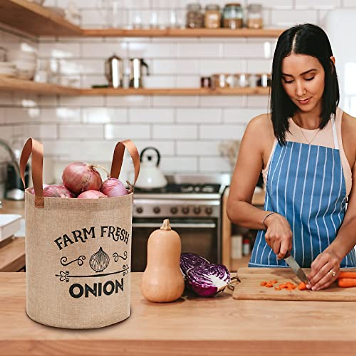 PARBEE Potato Storage for Pantry, Farmhouse Potato and Onion Holder Storage Bin, Kitchen Container Bags for Potato Onion Garlic with Handle, 3 Set